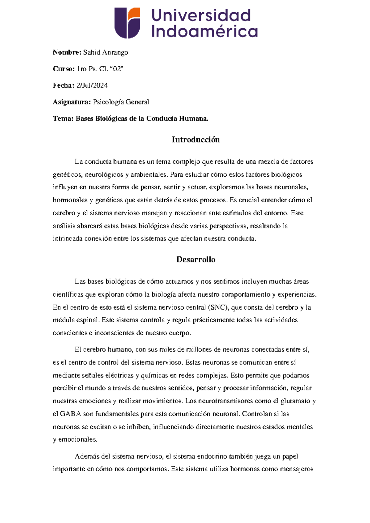 Tarea 3 Ps. General: Bases Biológicas de la Conducta Humana - Studocu