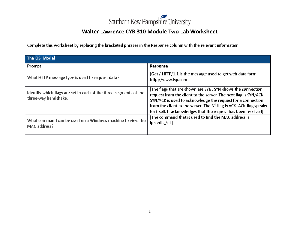 CYB 310 Module Two Lab Worksheet: Networking Concepts and ...