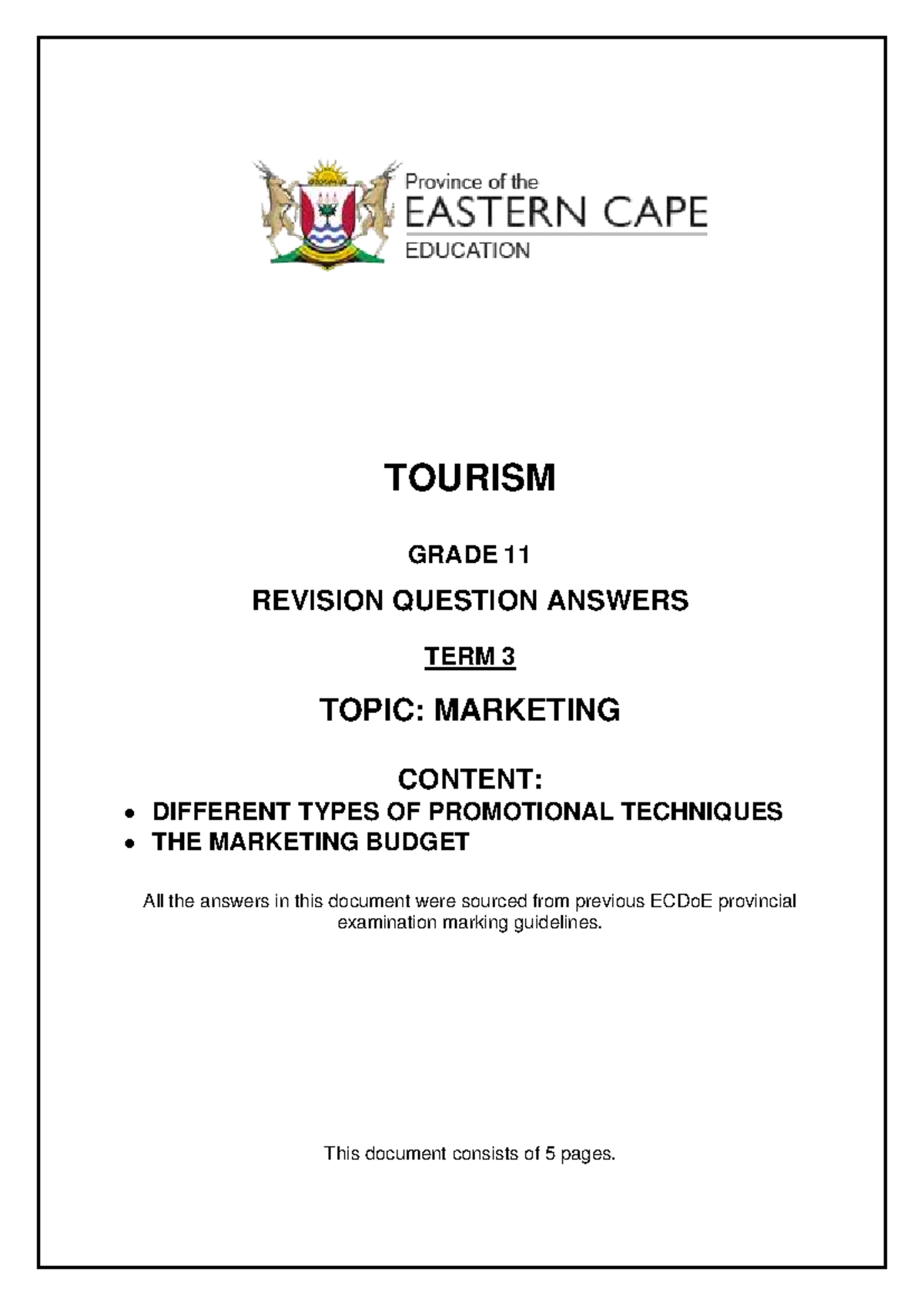 GRADE 11 TOURISM T3 REVISION: MARKETING PROMOTIONAL TECHNIQUES - Studocu