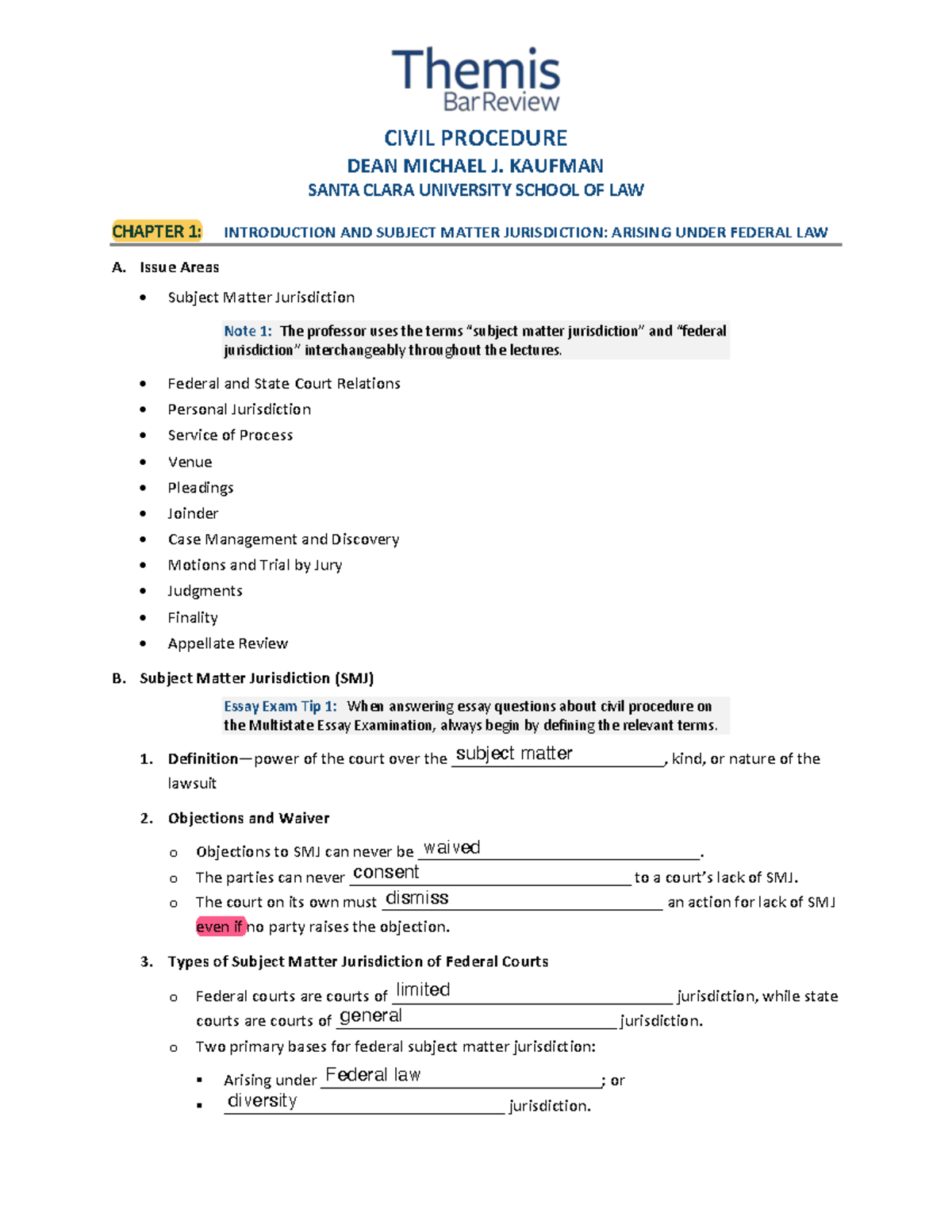 CIVIL PROCEDURE MBE REVIEW: CHAPTER 1 - INTRODUCTION & SUBJECT MATTER ...