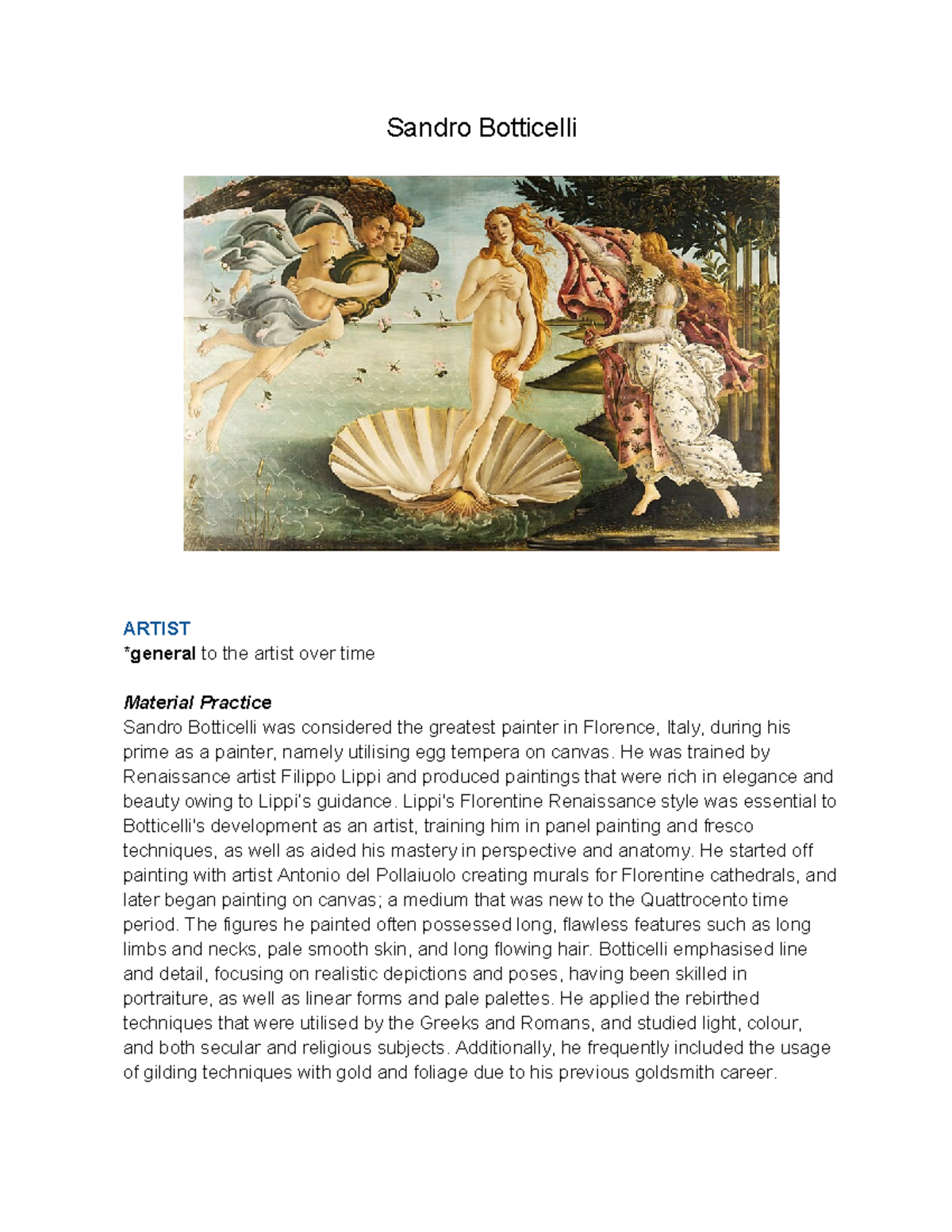 Sandro Botticelli: ARTIST & ARTWORK Analysis Notes (Final) - Studocu