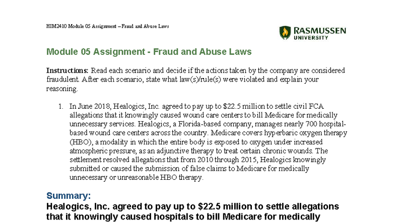 HIM2410 Module 05 Assignment: Analyzing Fraud and Abuse Laws - Studocu