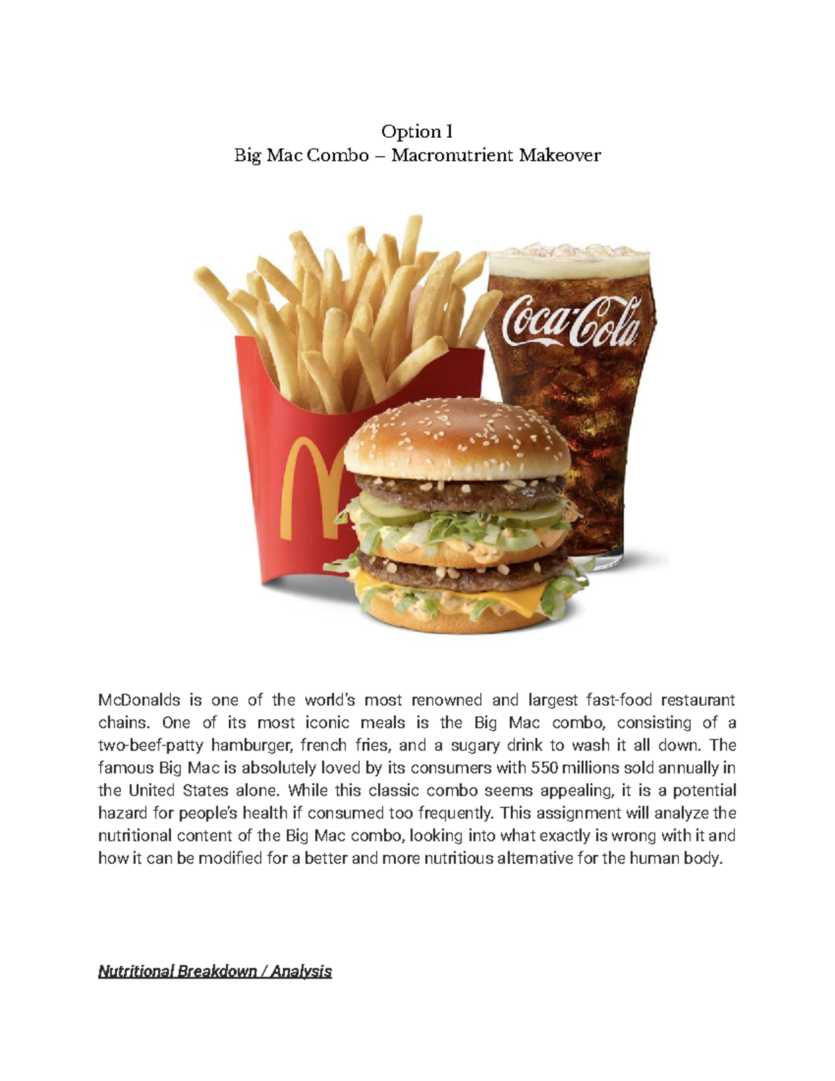 Assignment 1-2: Big Mac Combo Macronutrient Makeover Analysis - Studocu