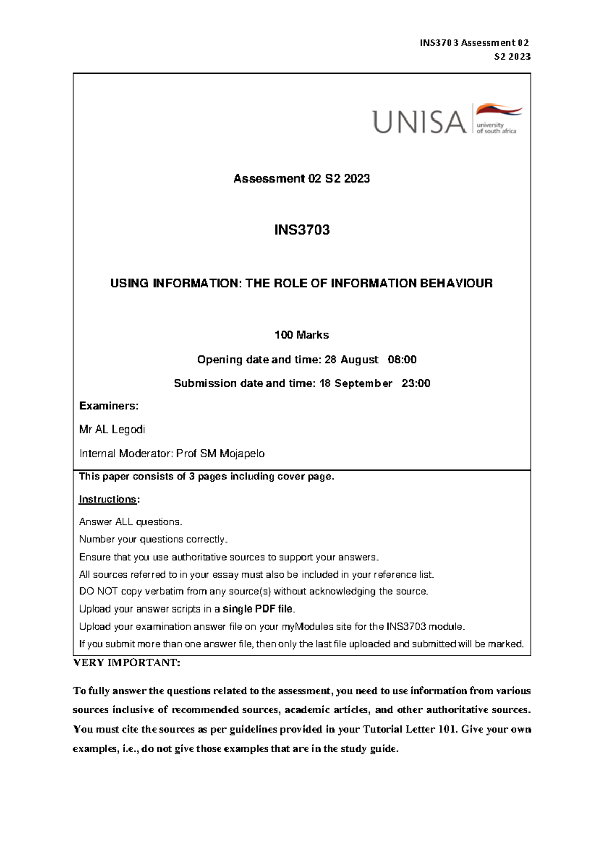 INS3703 S2 Assignment 02 2023 )-2 - INS3703 Assessment 02 S2 2023 ...