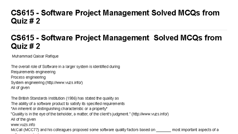 CS615 Software Project Management Quiz 2 Solved MCQs - Studocu