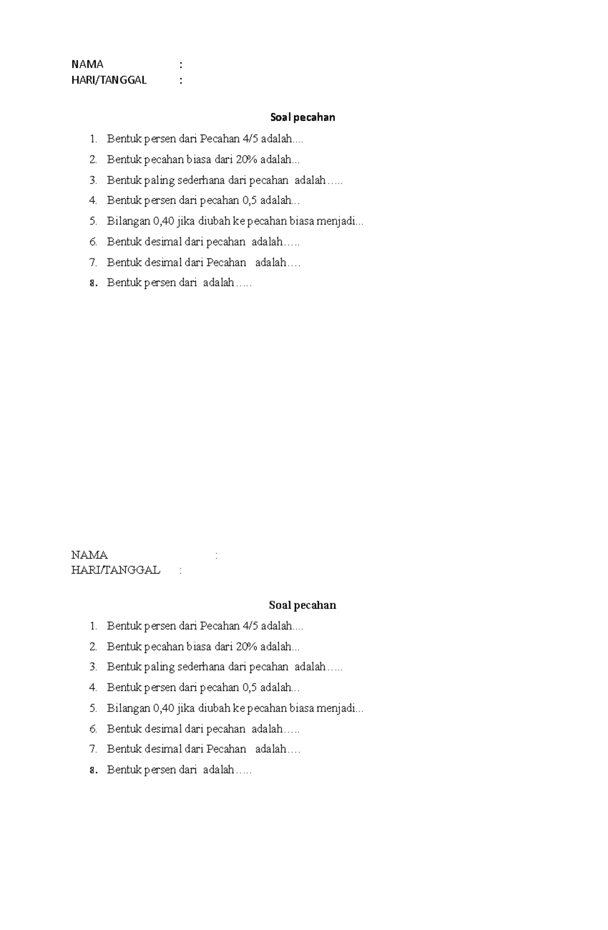 KUIS Pecahan - Kuis Matematika untuk Siswa SD - Studocu