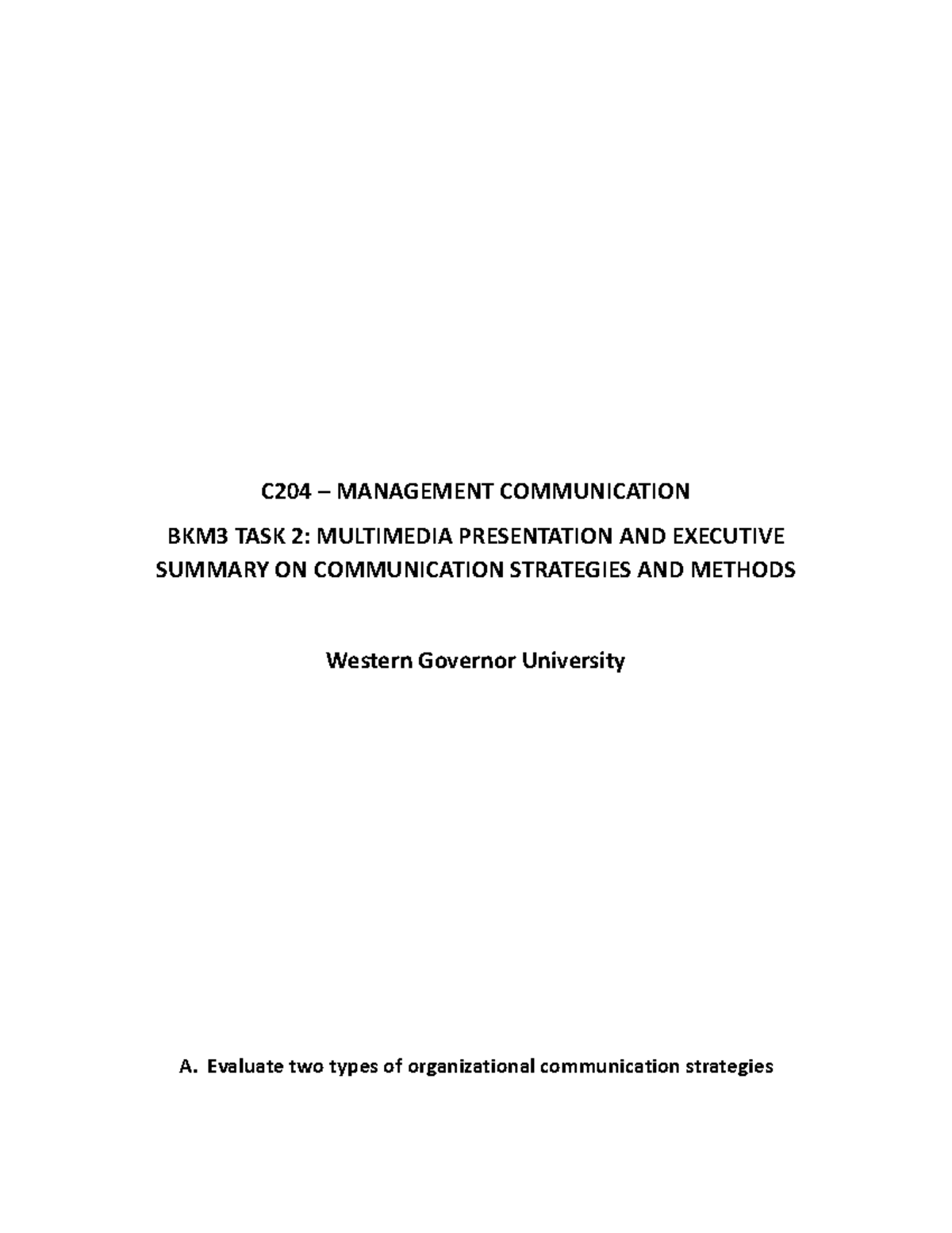 C204 - Management Communication Task 2: Strategies & Methods Evaluation ...