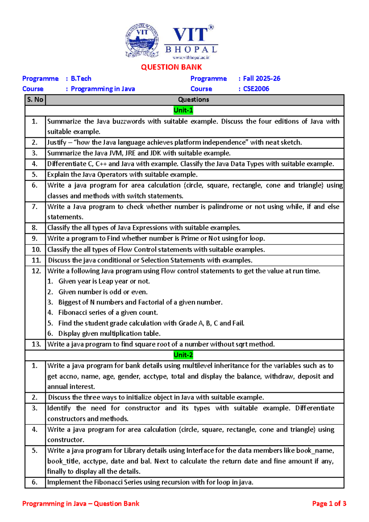 CSE2006: Java Programming Question Bank - All Units - Studocu