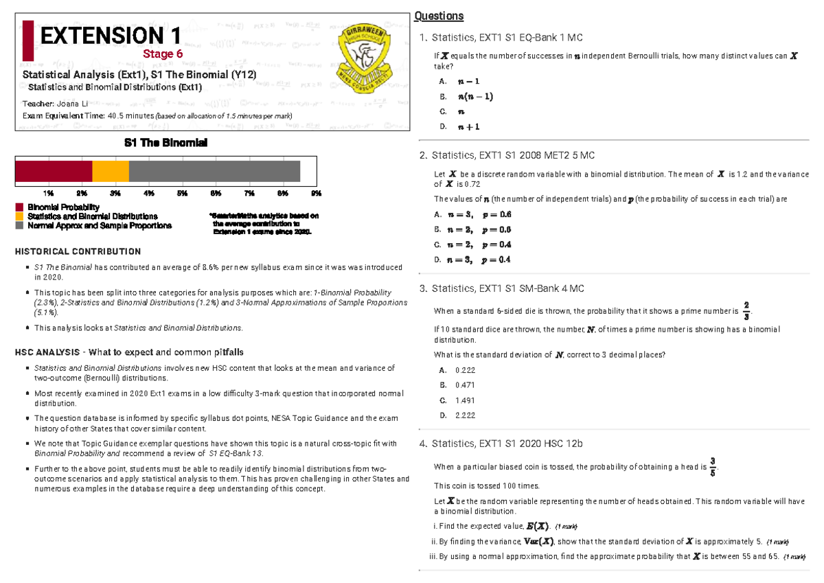 Smarter Maths: EXT1 S1 Binomial Distribution Analysis and Questions ...