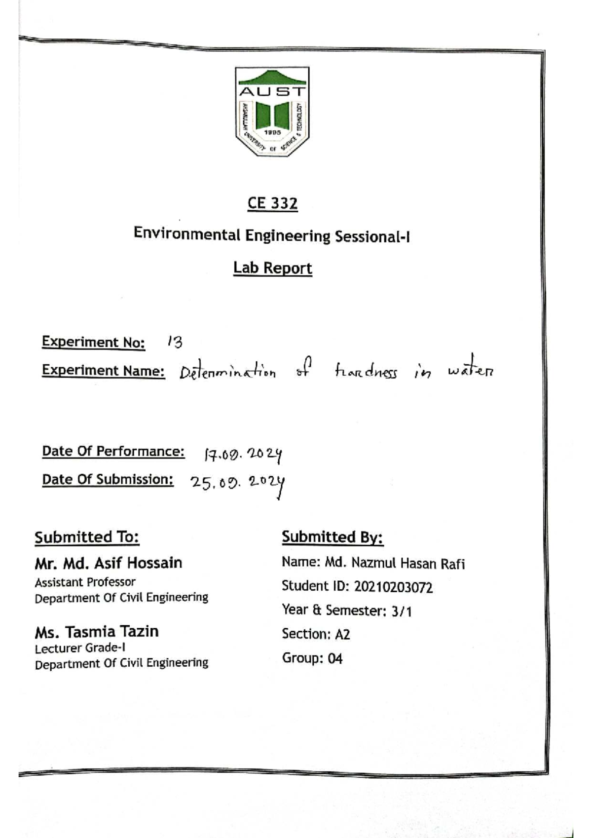 CE 332 Environmental Engineering Lab Report: Hardness Determination ...