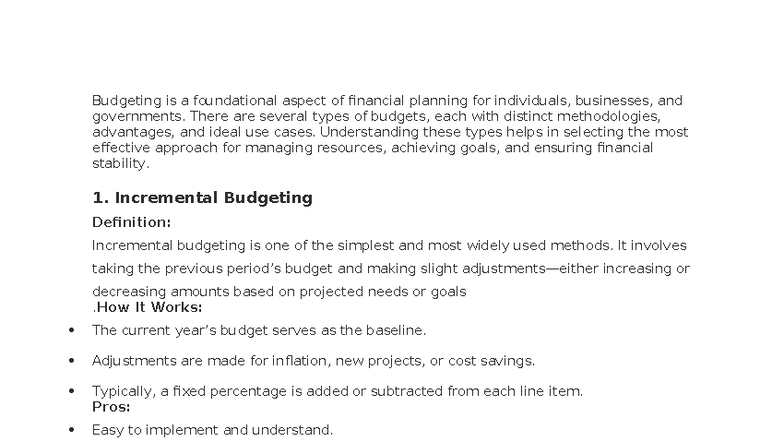 Types of Budgeting Methods: A Comprehensive Overview - Studocu