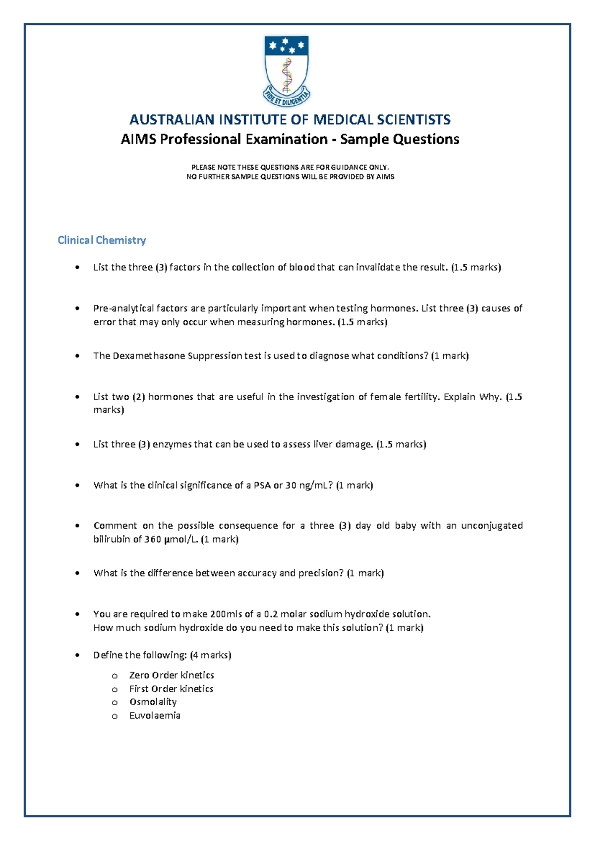 AIMS Exam Prep: Sample Questions for Clinical Chemistry, Microbiology ...