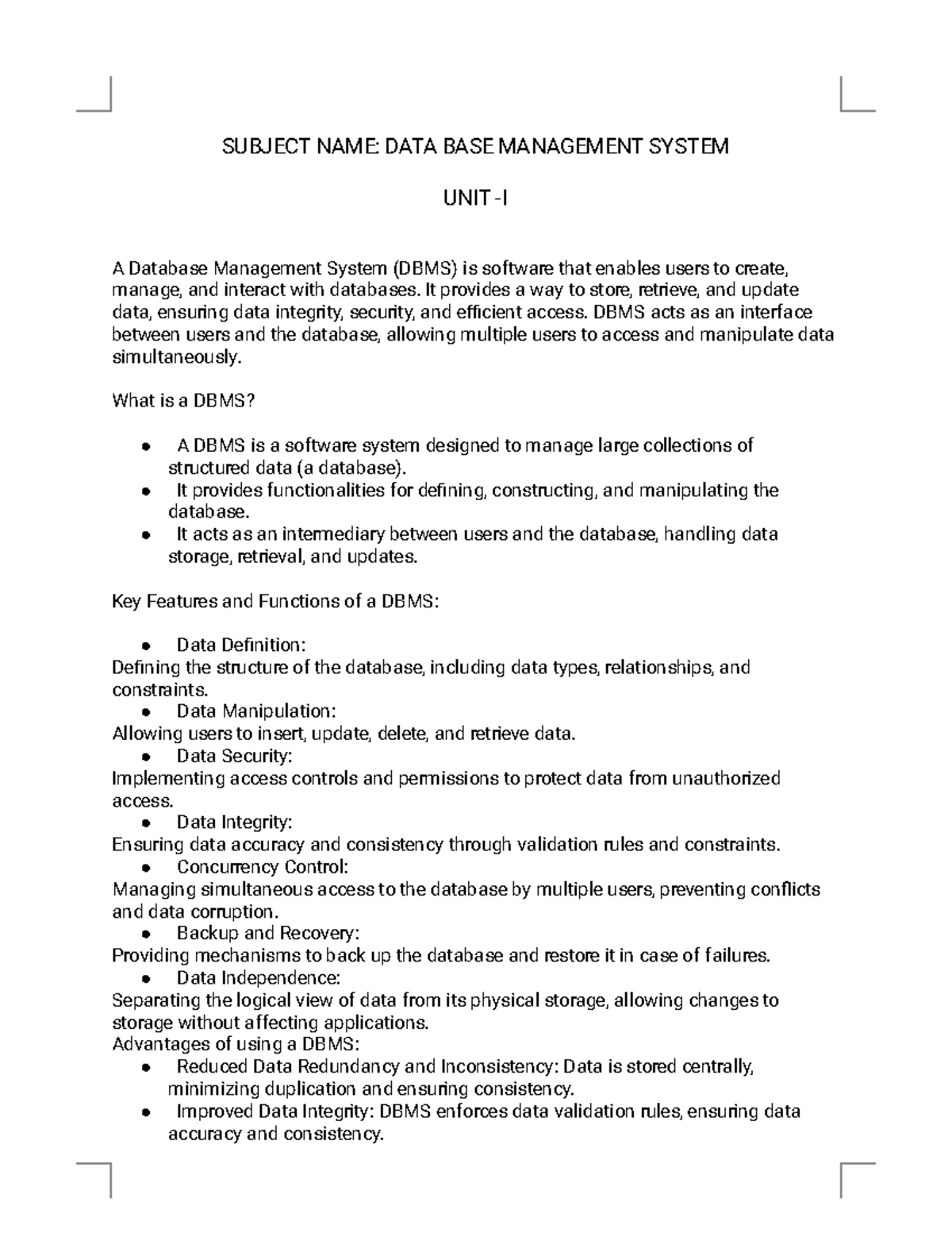DBMS Notes - UNIT 1: Understanding Database Management Systems - Studocu