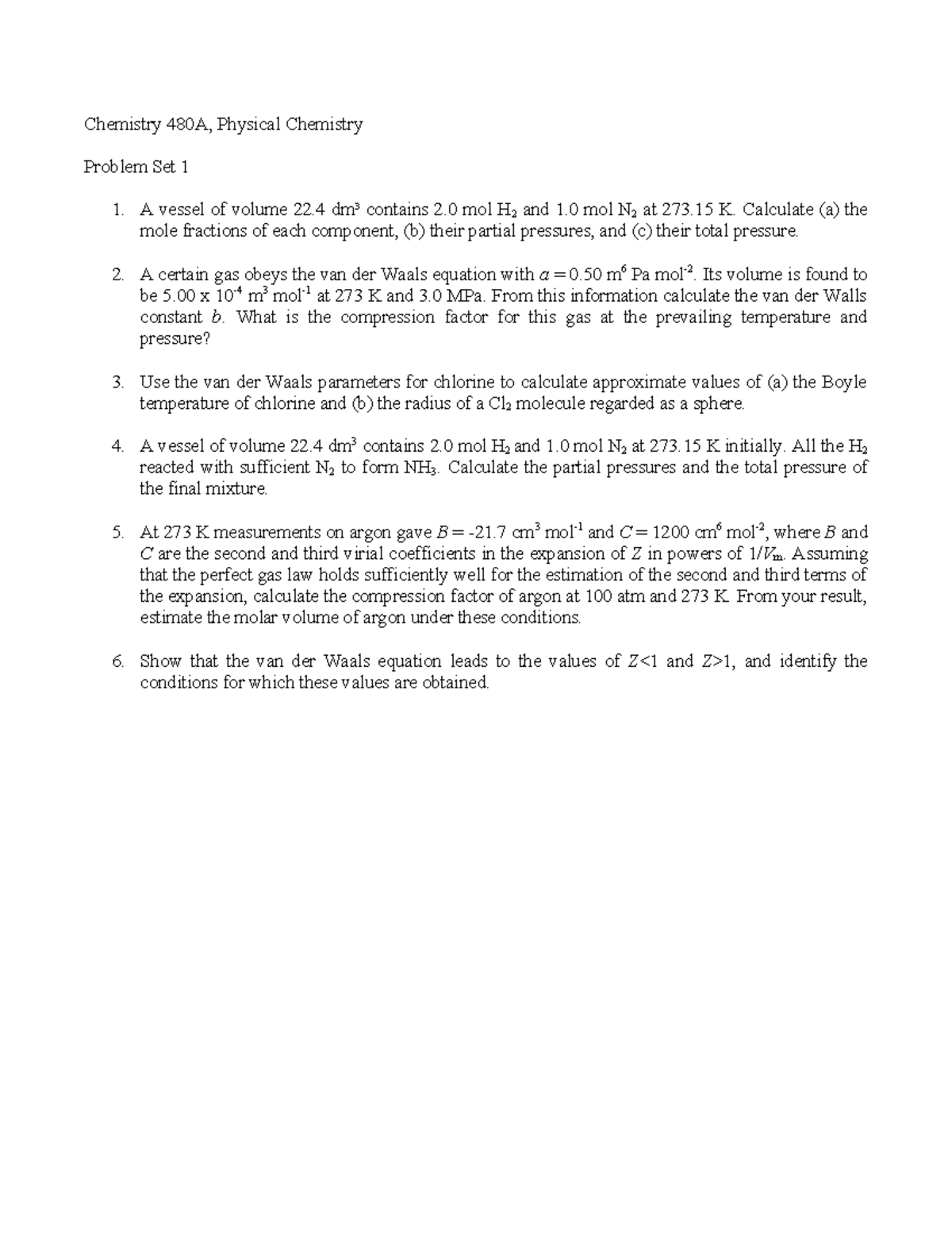 Chemistry 480A: Physical Chemistry Problem Set 1 Solutions - Studocu