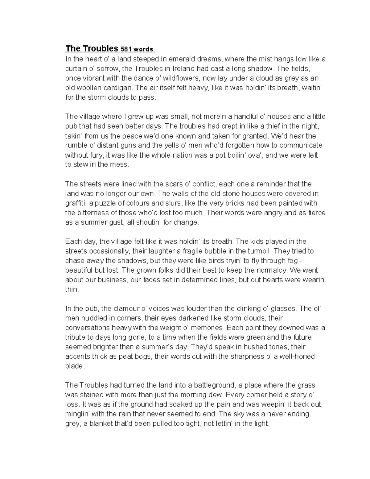 Craft of Writing 19/20 eye dialect - The Troubles 581 words In the ...