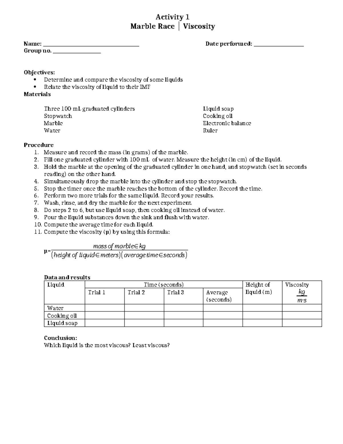 General Chemistry 2 - Activity 1: Examining Liquid Viscosity - Studocu