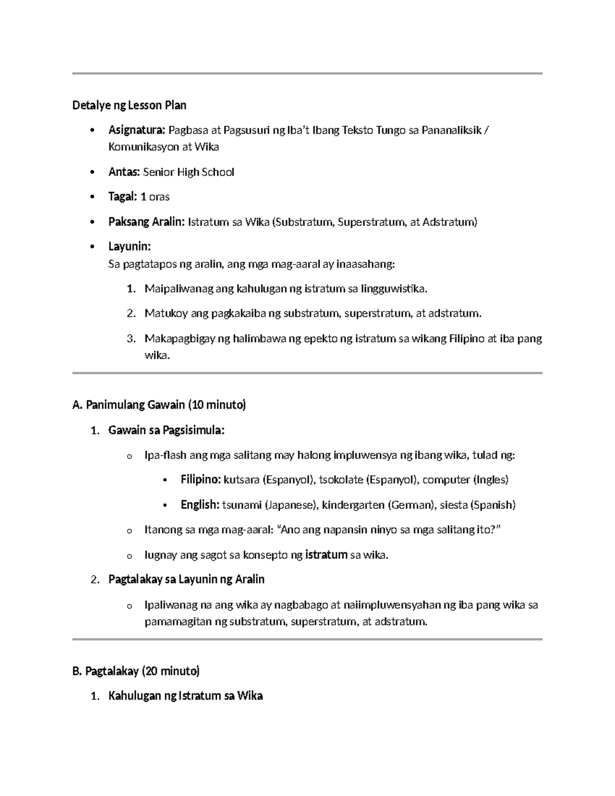 Detalye ng Lesson Plan: Istratum sa Wika - Senior HS (Pagbasa at ...