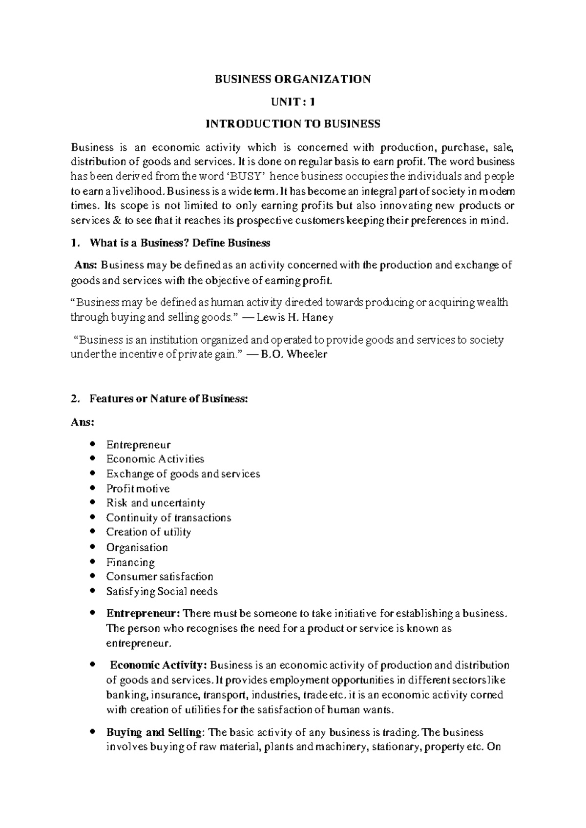Business Organization: Unit 1 - Introduction & Key Features - Studocu
