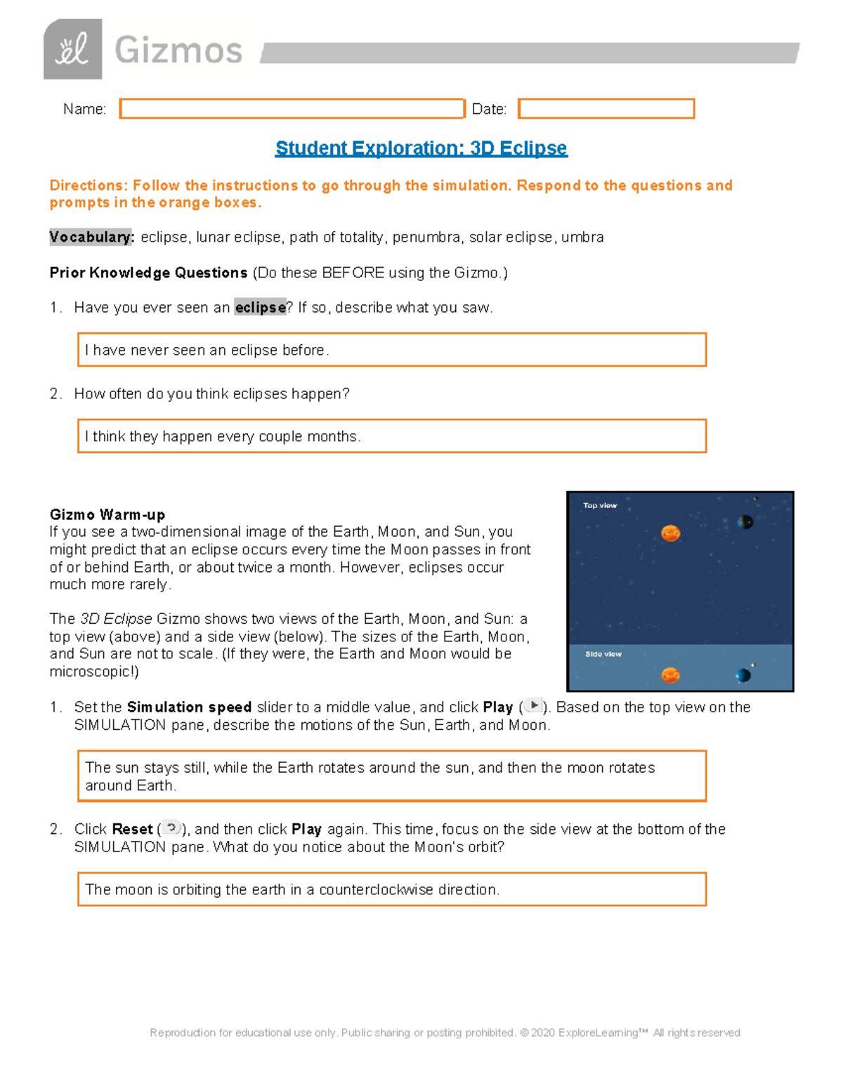 3DEclipse SE - Student Exploration of 3D Eclipse Concepts - Studocu