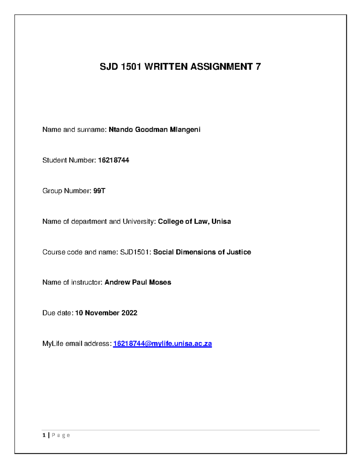 SJD Assignment 7 - SJD 1501 WRITTEN ASSIGNMENT 7 Name and surname ...