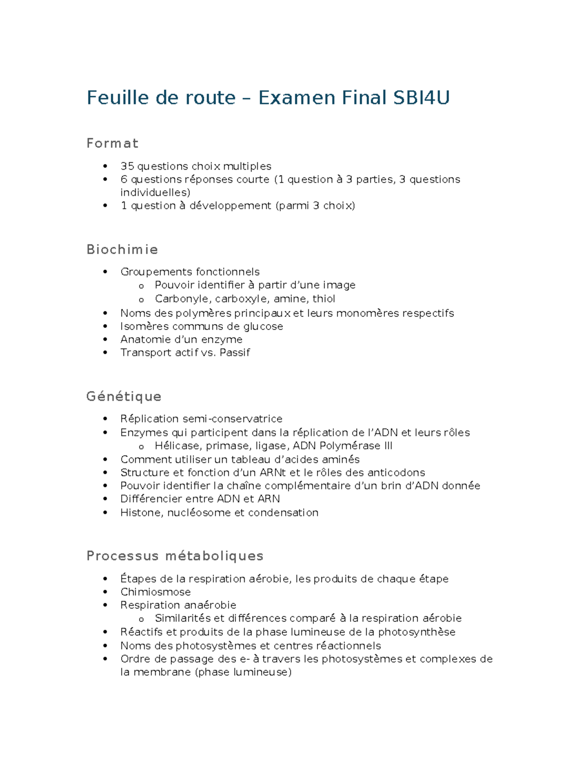 Feuille de route Examen Final SBI4U: Biochimie et Génétique - Studocu