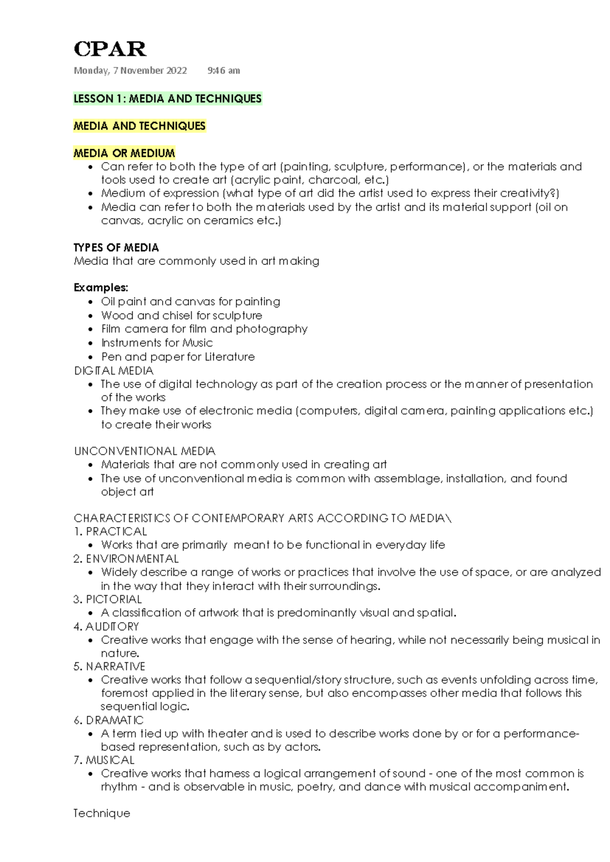 Senior High School - CPAR Reviewer: Media & Techniques 2nd Quarter ...
