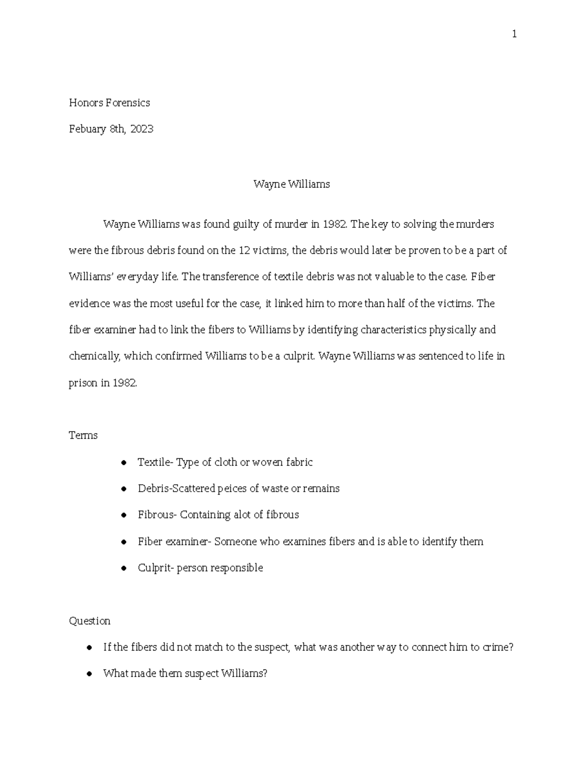 Honors Forensic Case Study: Wayne Williams and Fiber Evidence - Studocu