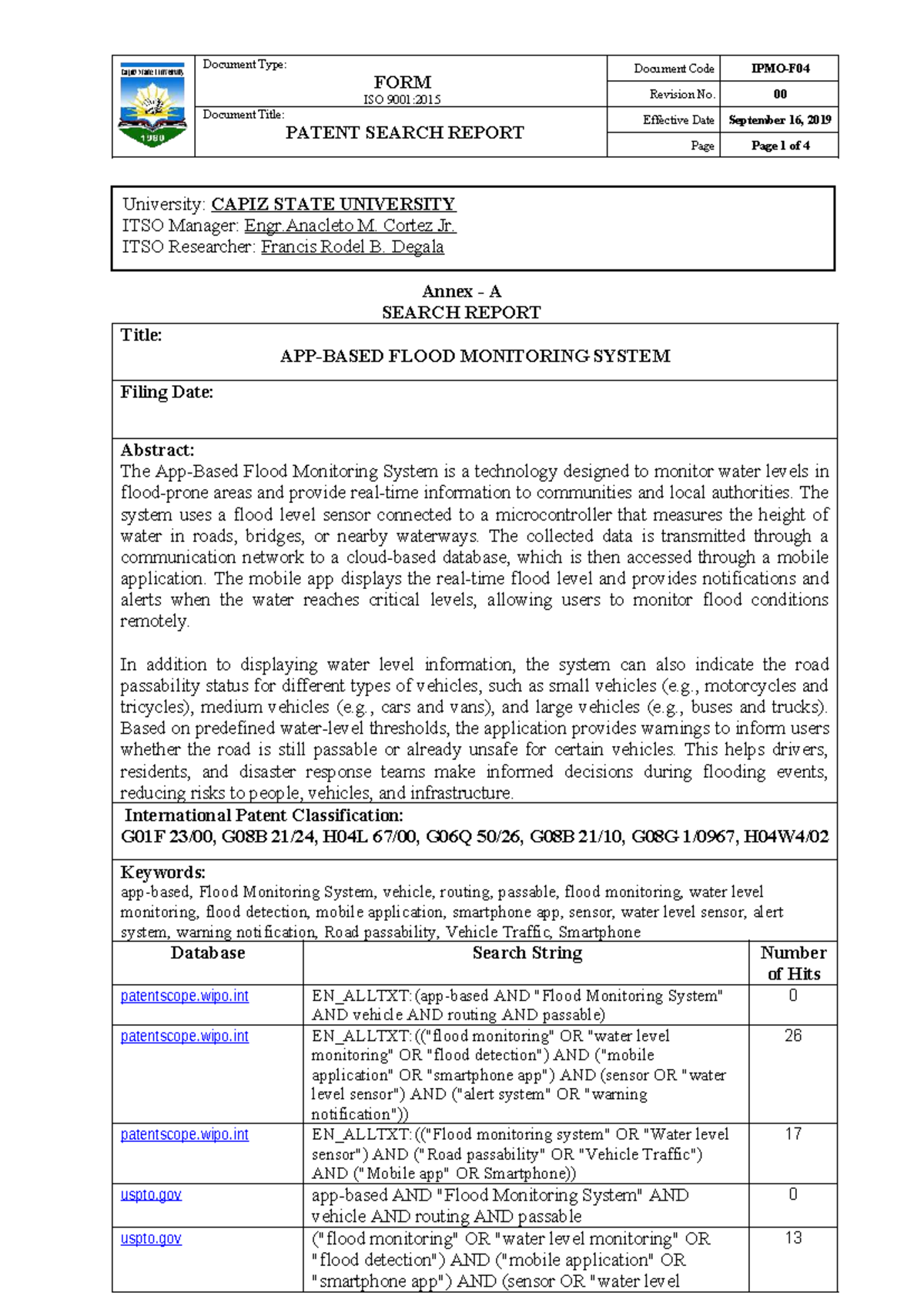 FORM ISO 9001:2015 PATENT SEARCH REPORT - FLOOD MONITORING SYSTEM - Studocu