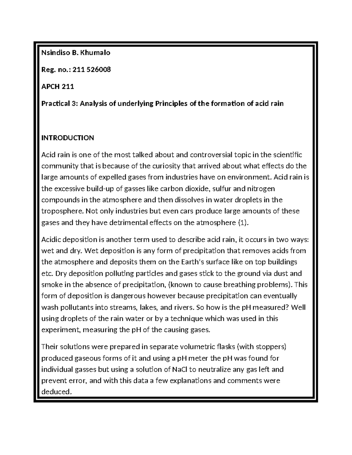 APCH 211 Practical 3: Analyzing Acid Rain Formation Principles - Studocu
