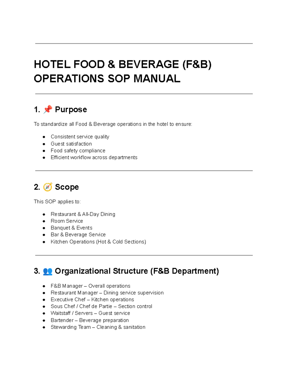 Hotel F&B Operations SOP Manual: Standards & Procedures Overview - Studocu