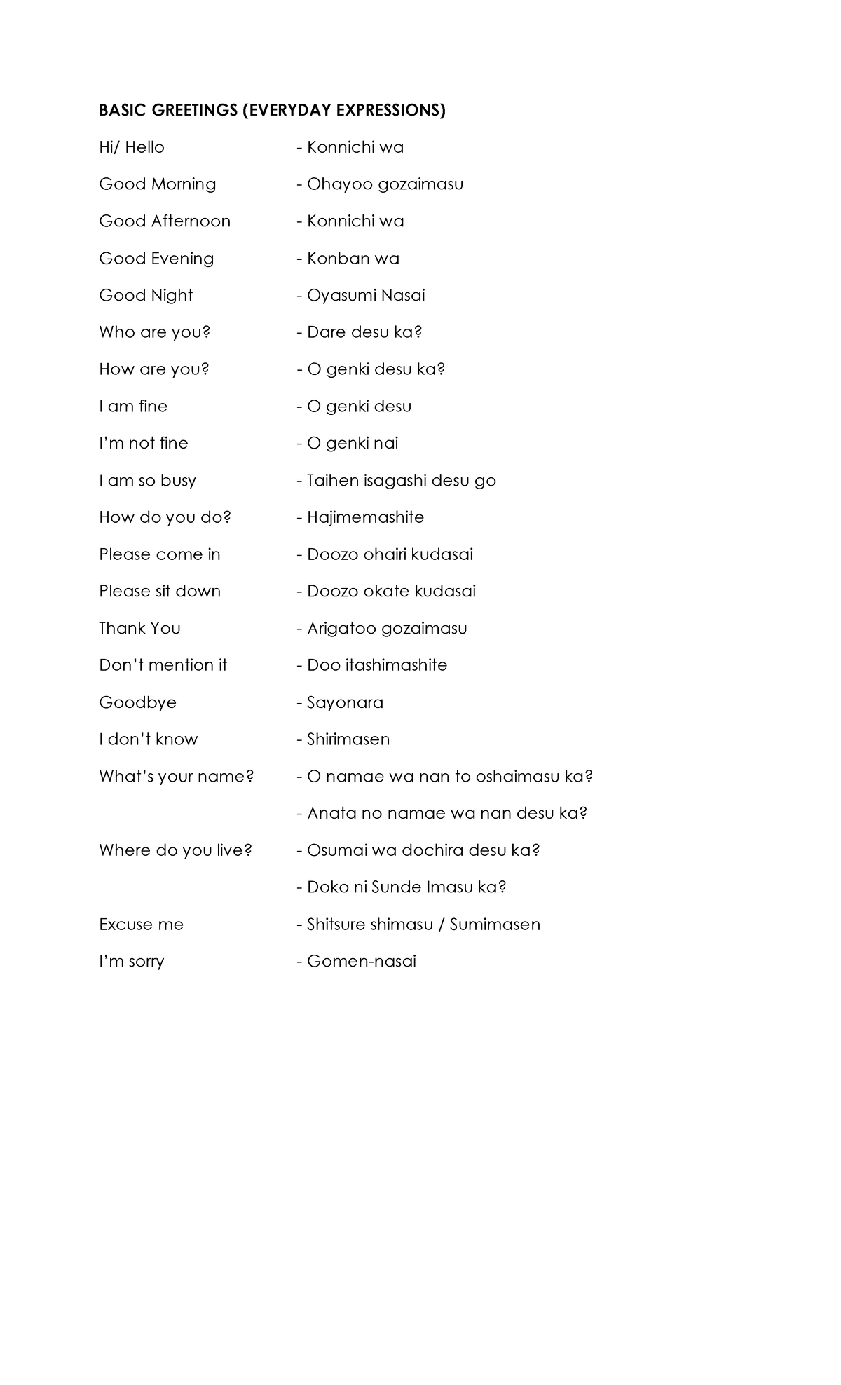 BASIC GREETINGS & EXPRESSIONS FOR EVERYDAY USE - Studocu