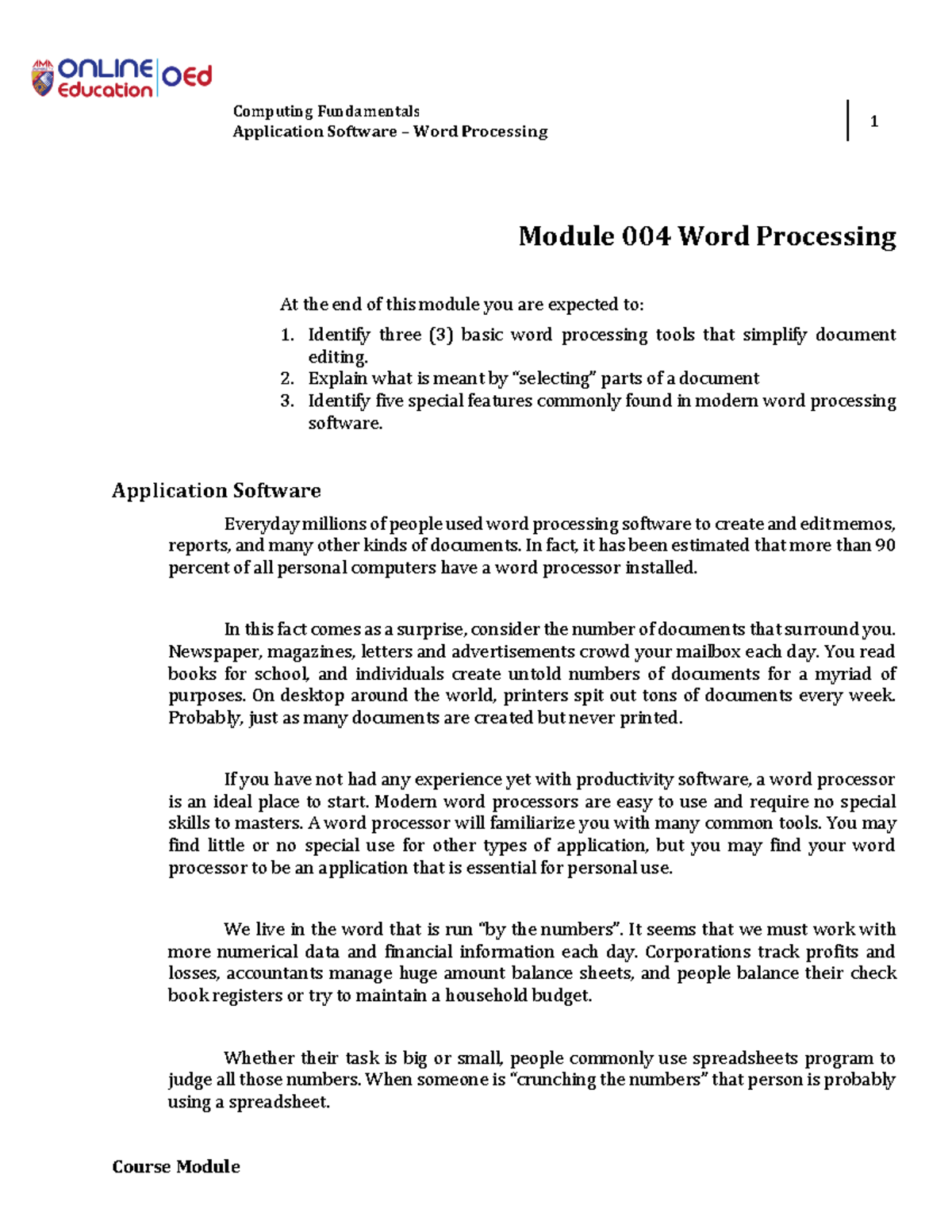 Week 5 - Word Processing - Computing Fundamentals Application Software ...
