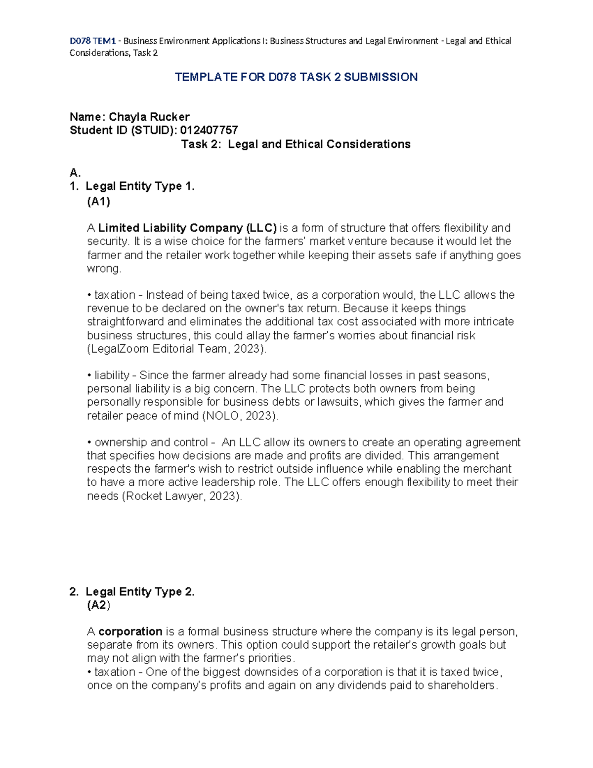 D078 TEM1 Business Environment Task 2: Legal & Ethical Considerations ...