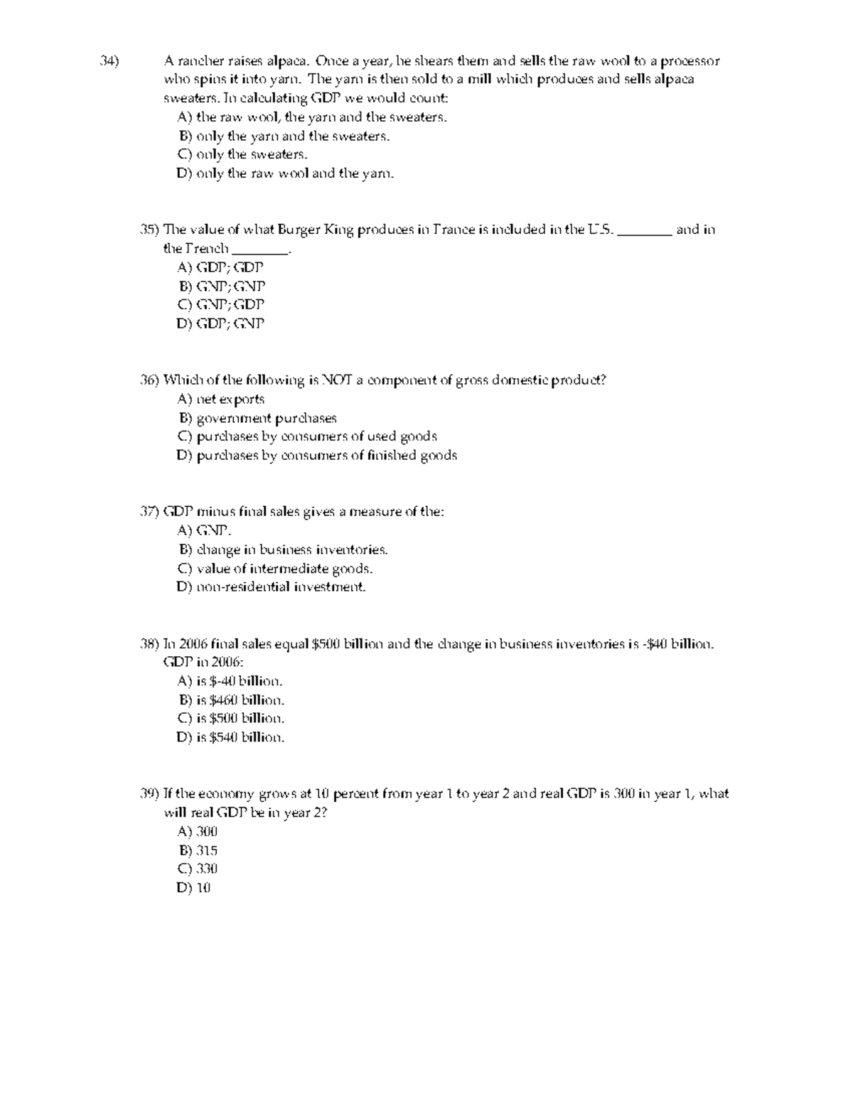 GDP MCQs for Economics Course Code - Study Aid - Studocu