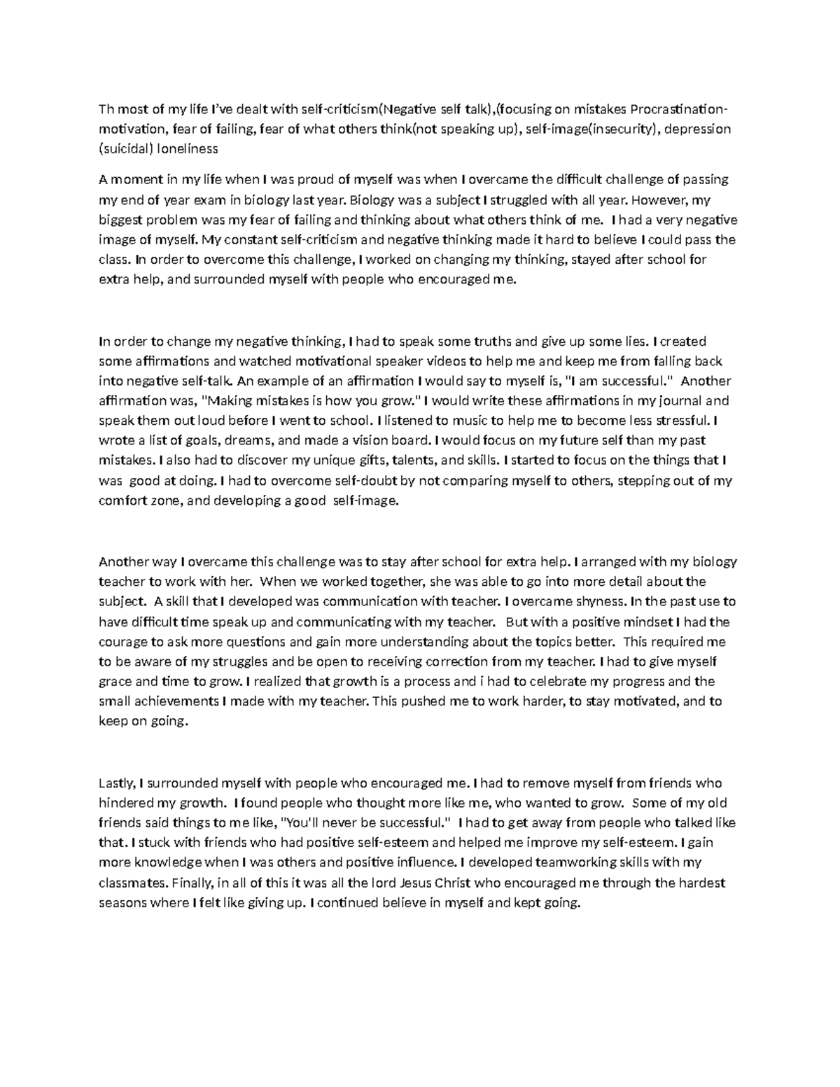 College Essay: Overcoming Challenges and Building Self-Esteem - Studocu