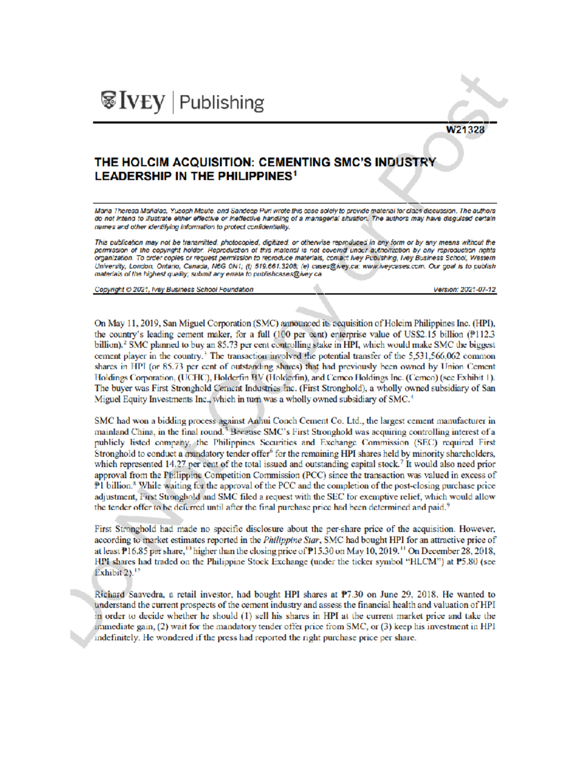 Case Study 3: Holcim Acquisition & SMCs Industry Leadership - Studocu