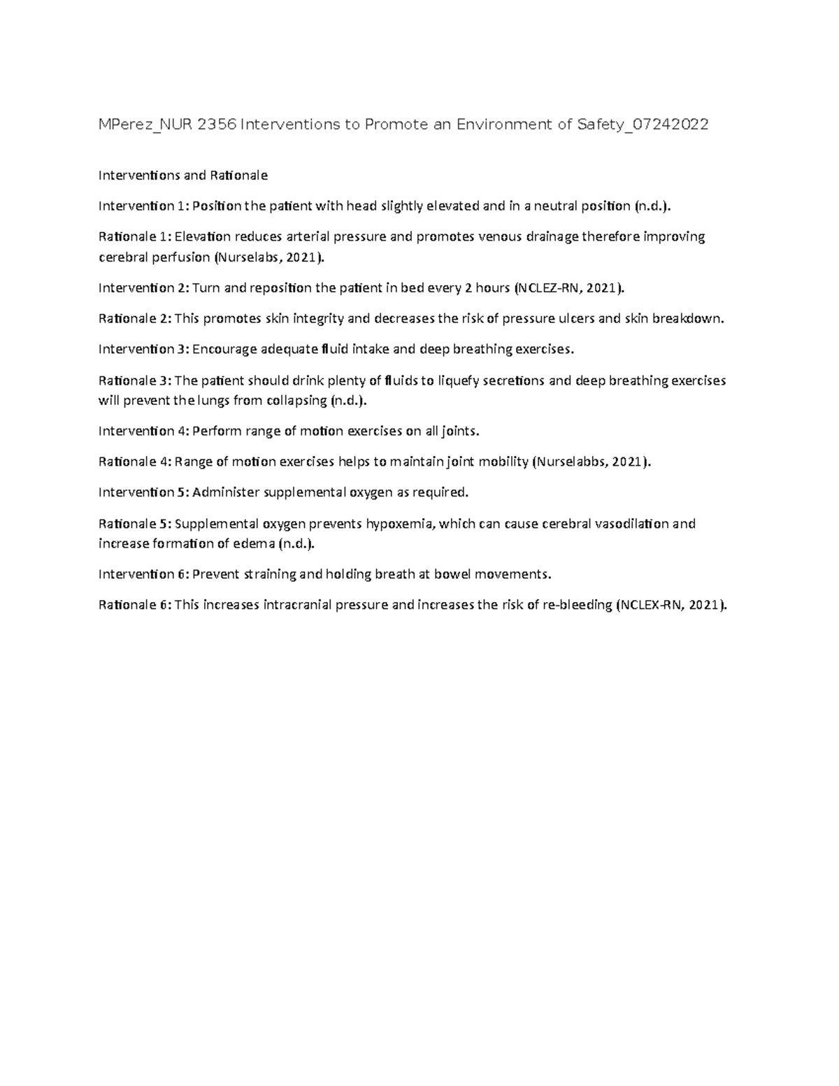 Mperez NUR 2356 Interventions to promote safety 0724-2022 - MPerez_NUR ...