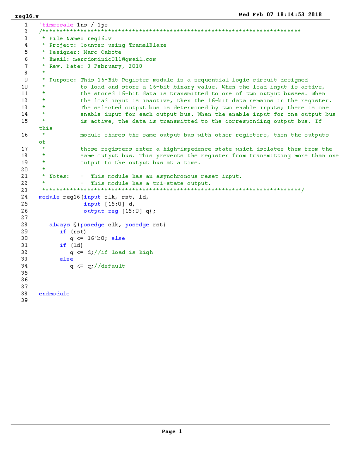 Reg16 - 16-bit register code verilog - reg16 Wed Feb 07 18:14:53 2018 ...