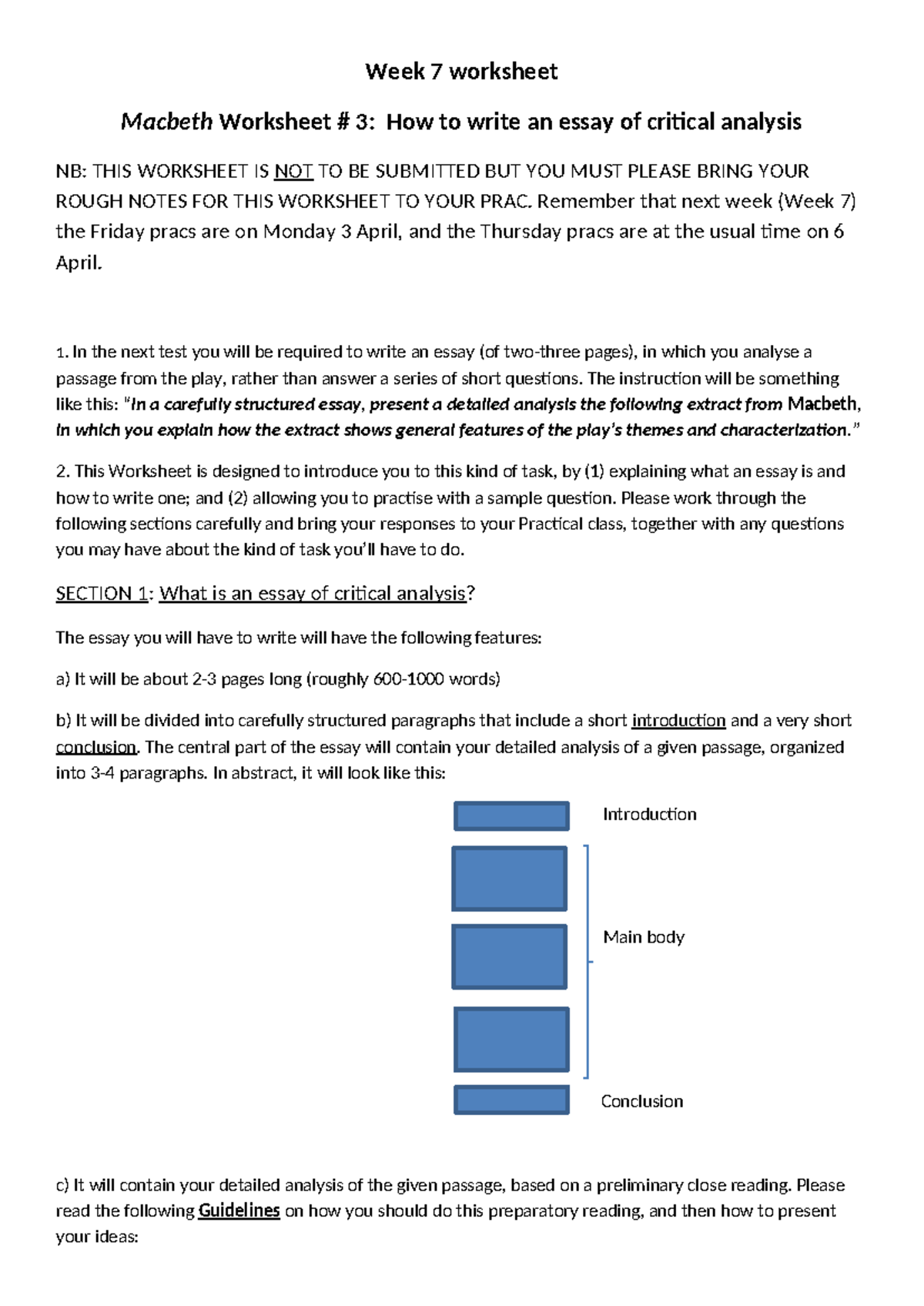 Week 7 Macbeth Worksheet #3: Critical Essay Writing Guide - Studocu