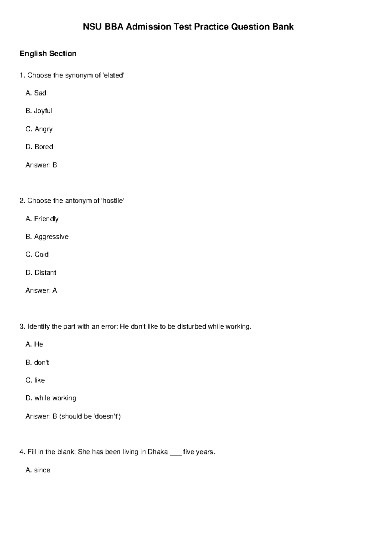 NSU BBA Admission Test Practice Question Bank: English & Math Sections ...