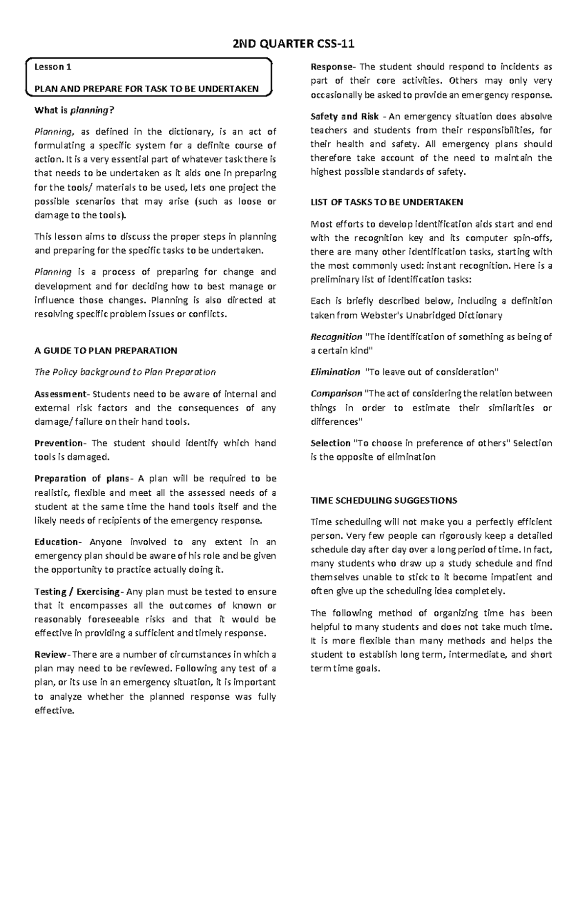 CSS 11 ( Lesson 1 PLAN AND Prepare FOR Tasks) - 2ND QUARTER CSS- Lesson 1 PLAN AND PREPARE FOR ...