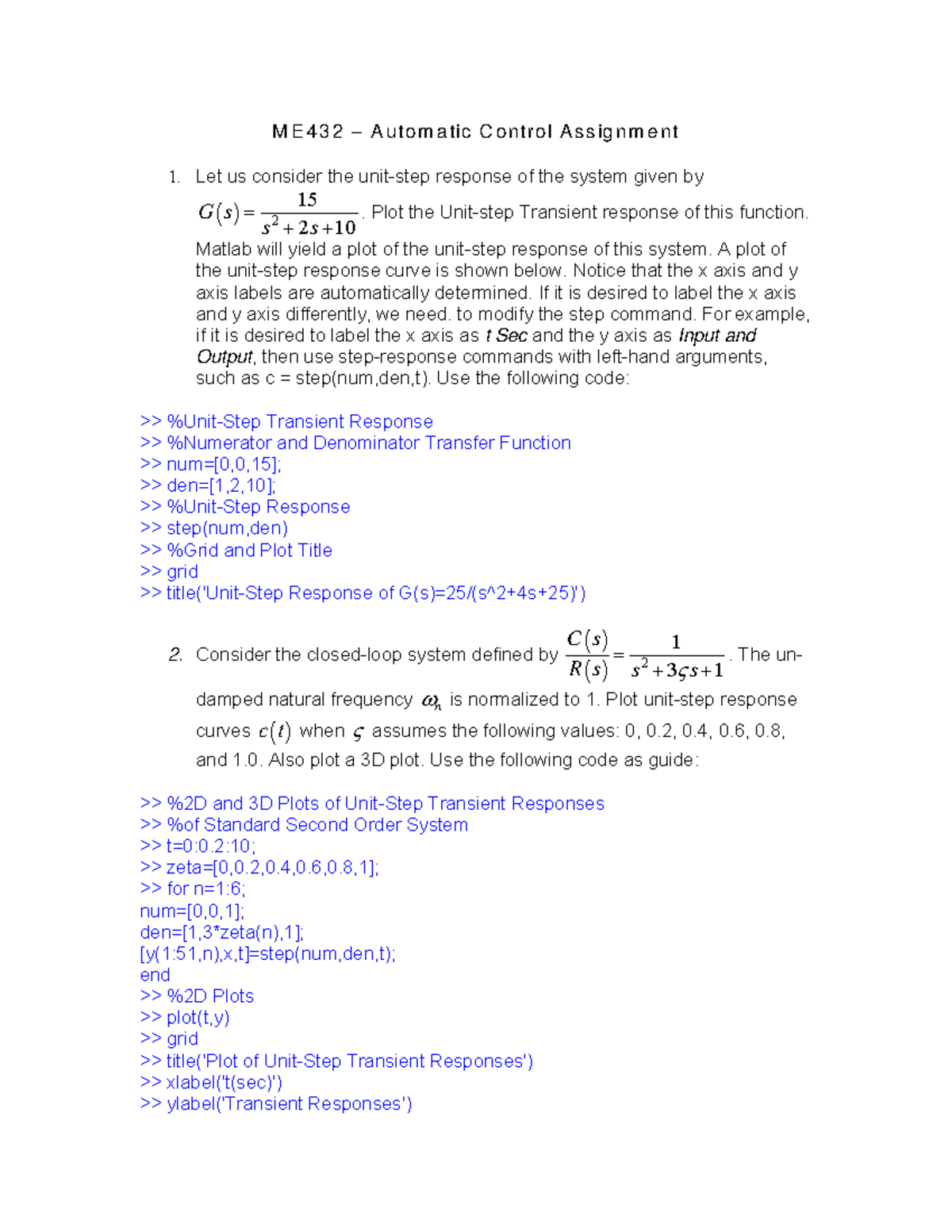 ME432 Automatic Control Assignment 1: Transient Response Analysis - Studocu