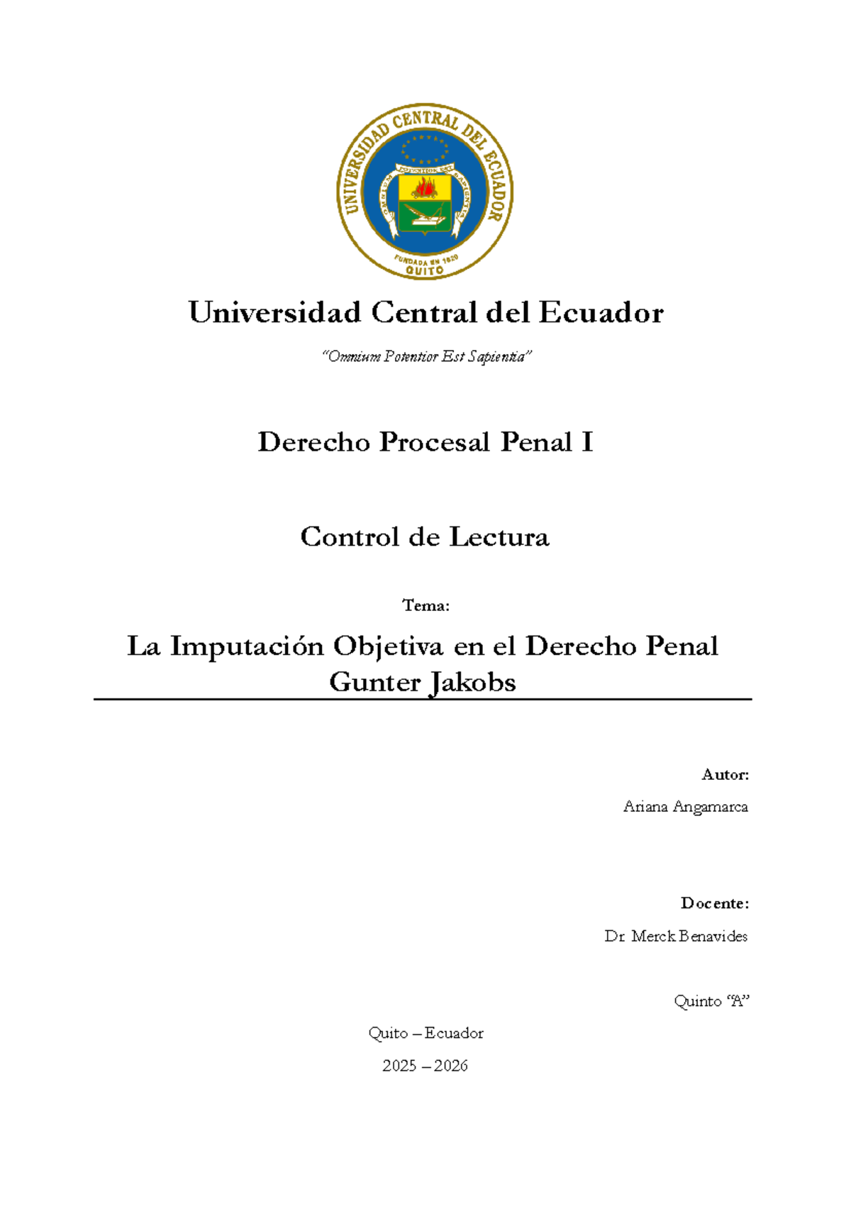 Control de Lectura: La Imputación Objetiva en el Derecho Penal I ...