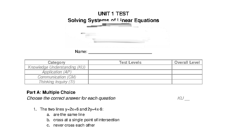 MPM2D Unit 1 Test: Solving Systems of Linear Equations - Studocu