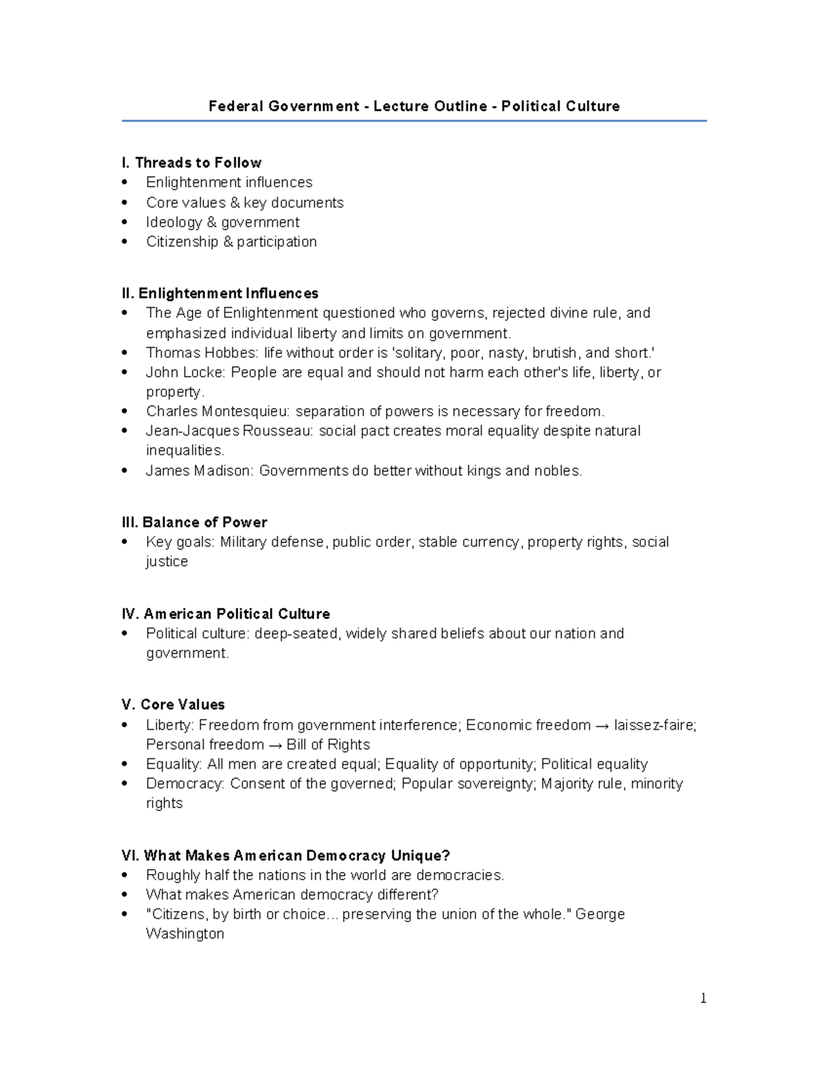 Federal Government - Lecture Outline: Political Culture & Citizenship ...