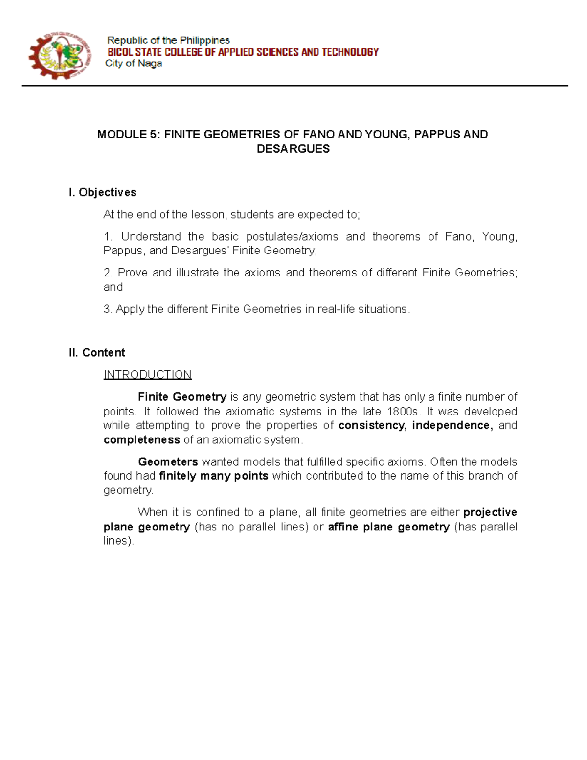 SDLM Module 5 Finite Geometries OF FANO AND Young Pappus AND Desargues ...