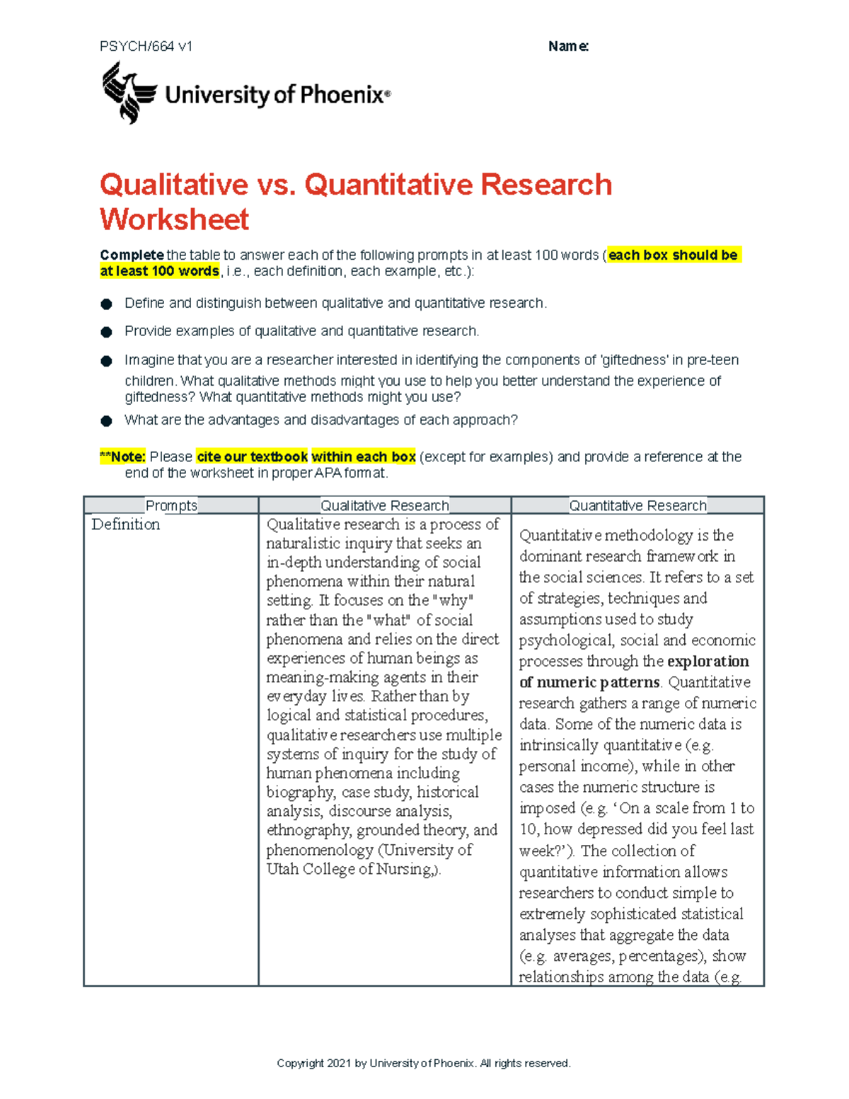 PSYCH/664 Qualitative vs. Quantitative Research Worksheet - Studocu