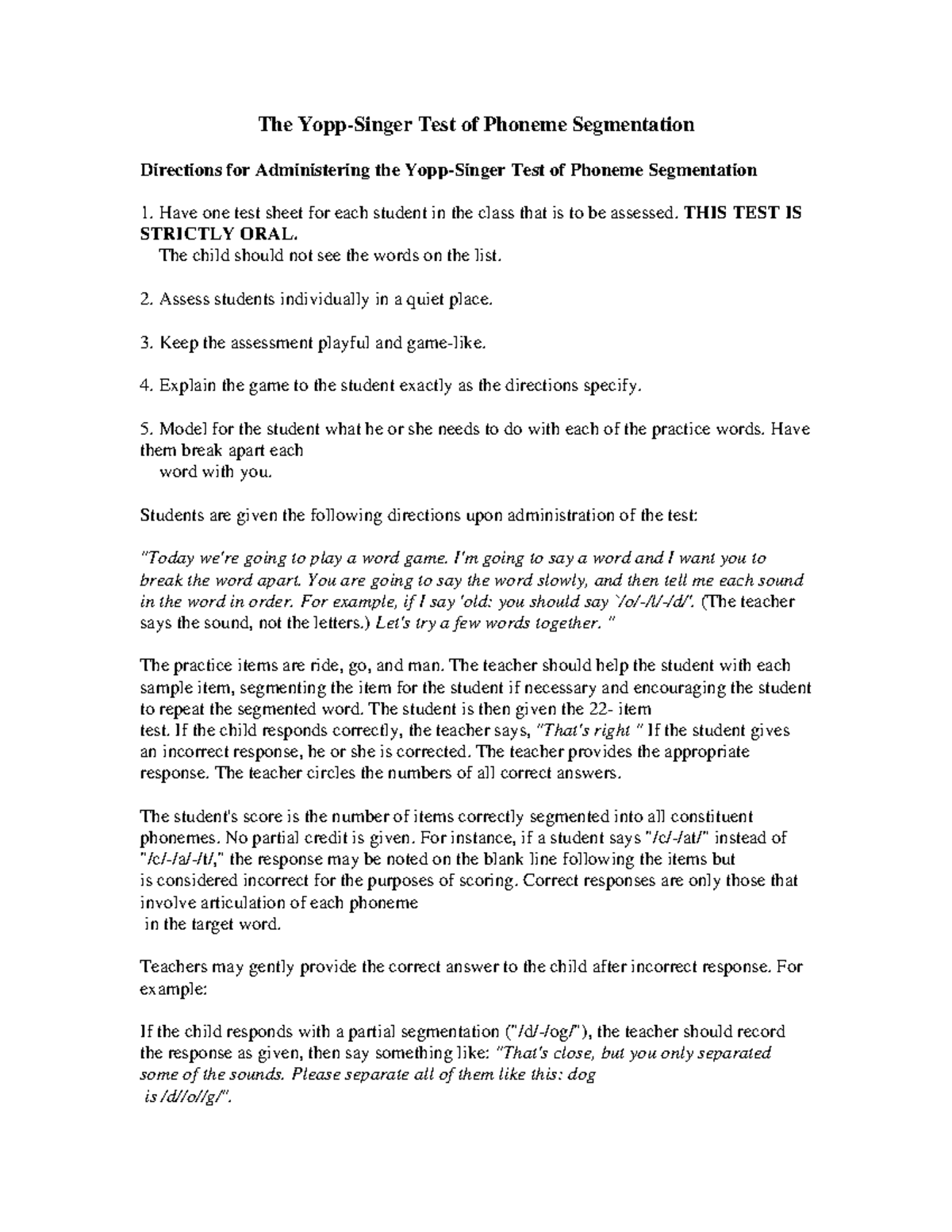 Yopp-Singer Phoneme Segmentation Test Directions and Scoring Guide ...