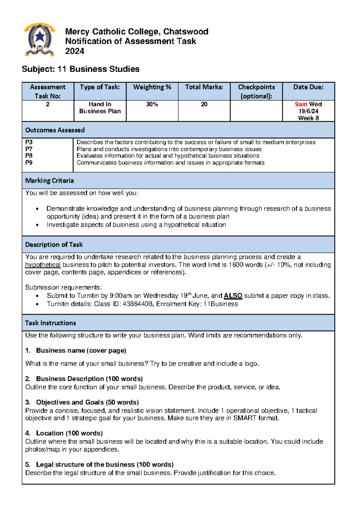 11 Business Studies Task 2: Business Plan Assessment Notification - Studocu