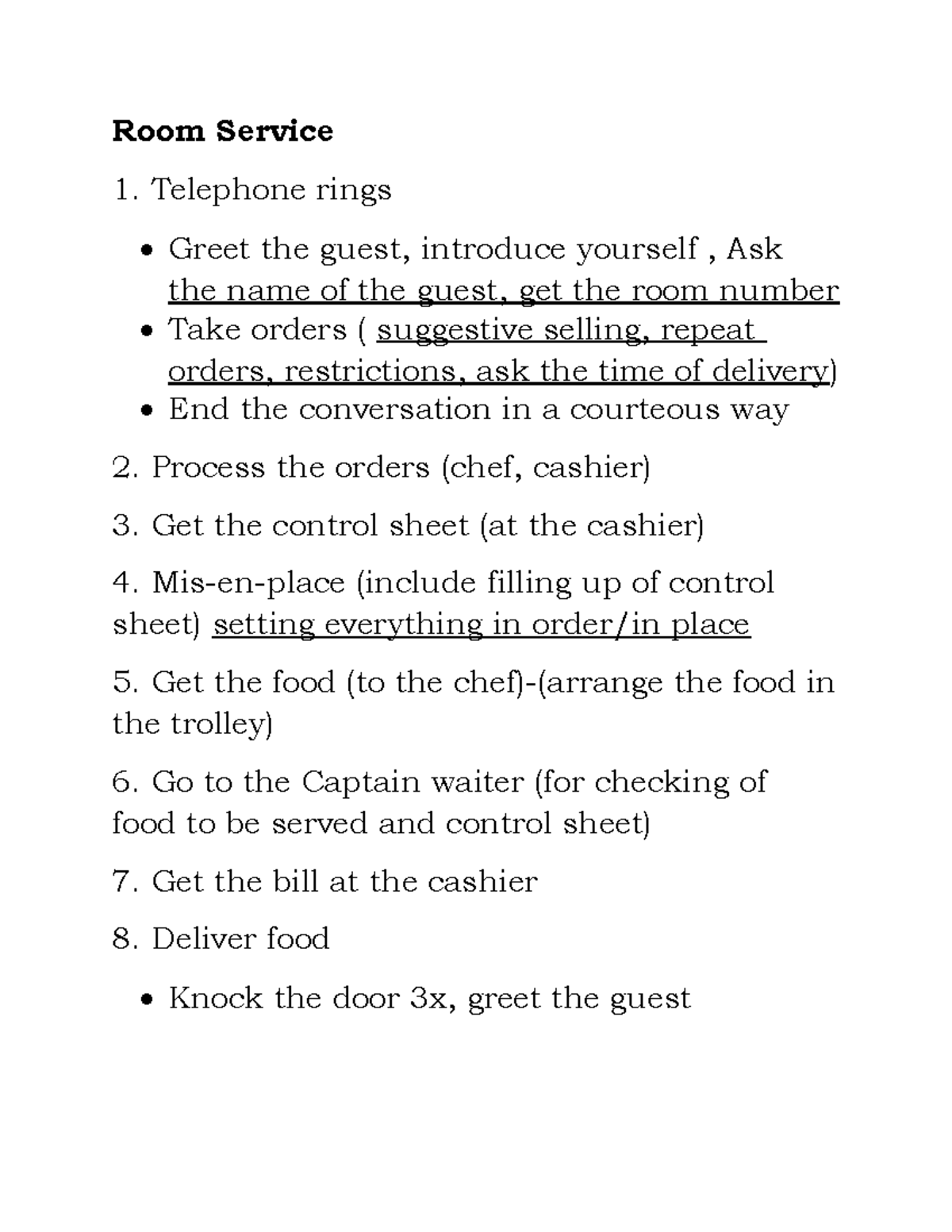 Room Service Procedures: Steps for Efficient Delivery - Studocu